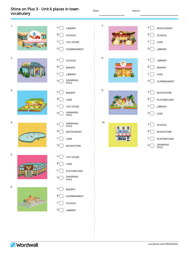 Shine on Plus 3 Unit 6 Places in Town Vocabulary Quiz | PDF