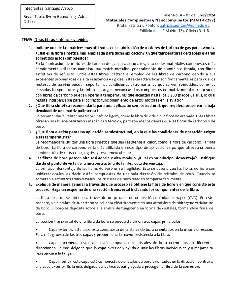 Taller 4 - Otras Fibras Sintéticas y Tejidos | PDF | Material compuesto | Fibras