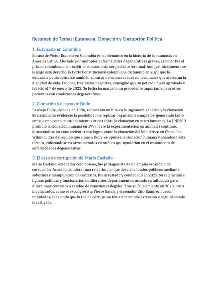 Resumen Eutanasia Clonacion Corrupcion | PDF