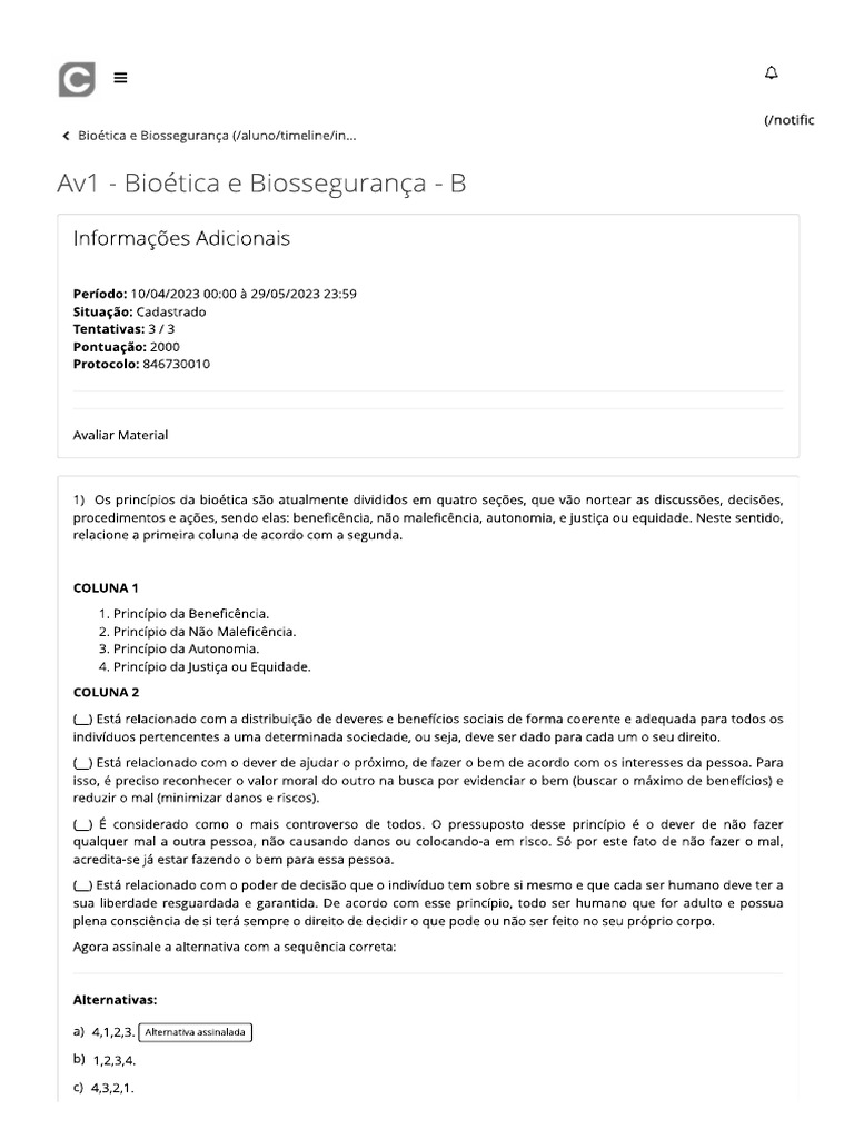 Av1 - Bioética e Biossegurança - B | PDF