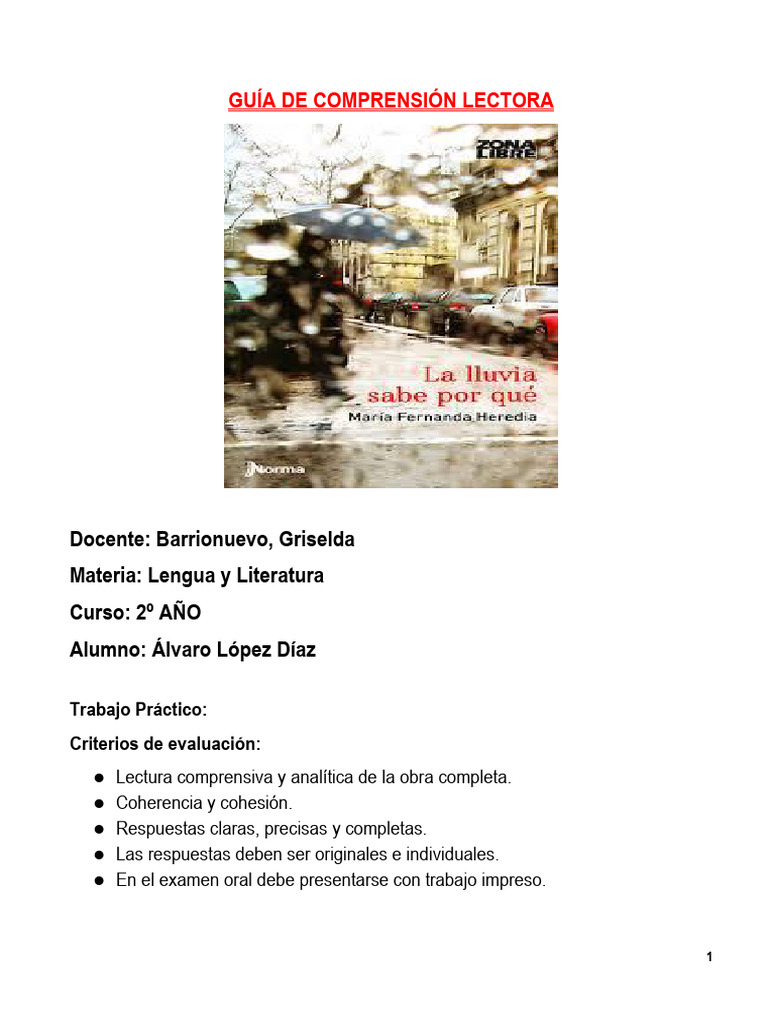 Respuestas de Comprensión Lectora - Novela La Lluvia Sabe Porque (2º ...