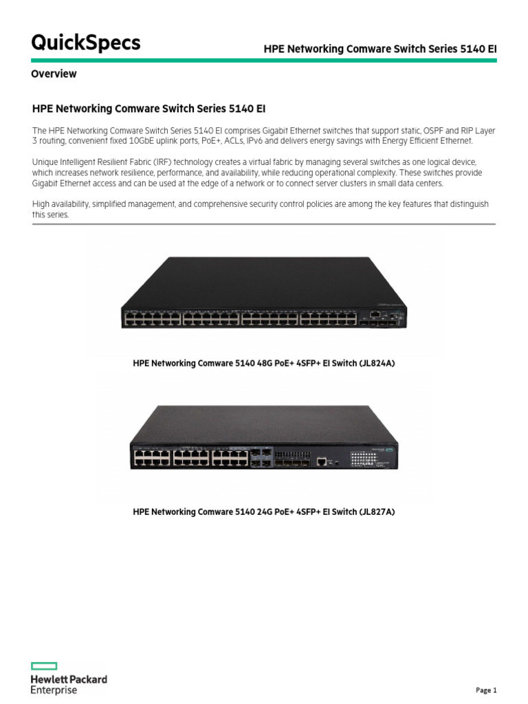 HPE Networking Comware Switch Series 5140 EI-a50002579enw | PDF | Computer Network | Network Switch
