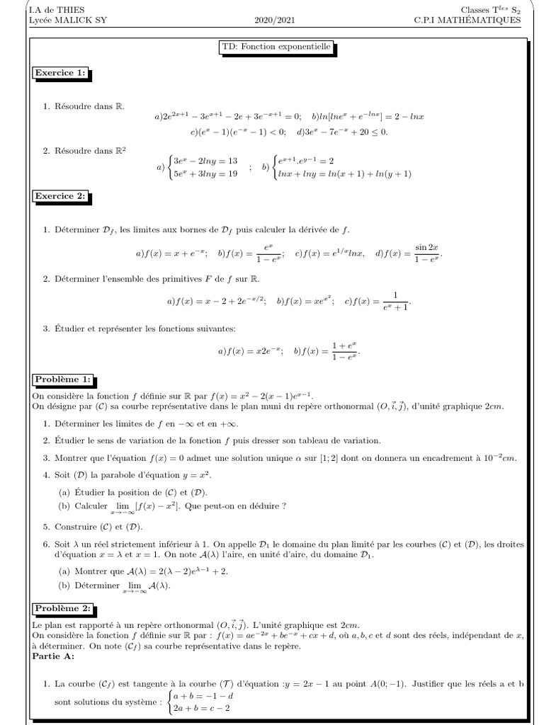 Limites et dérivées des fonctions exponentielles | PDF | Fonction ...