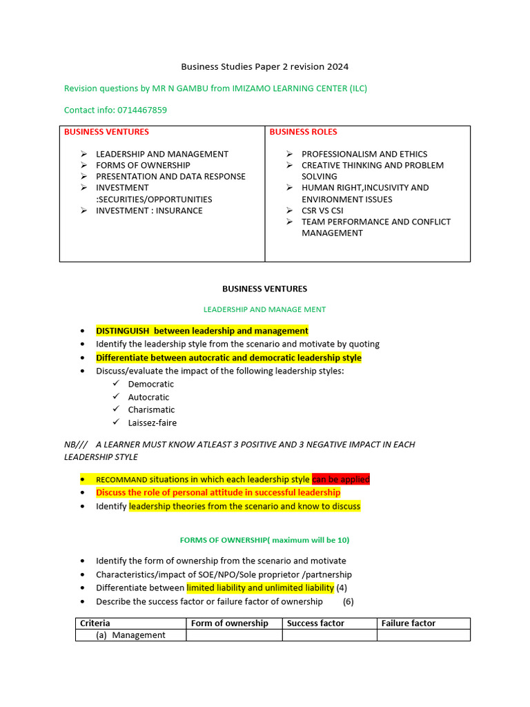 Business Studies Paper 2 Revision Amended | PDF | Interest | Employment