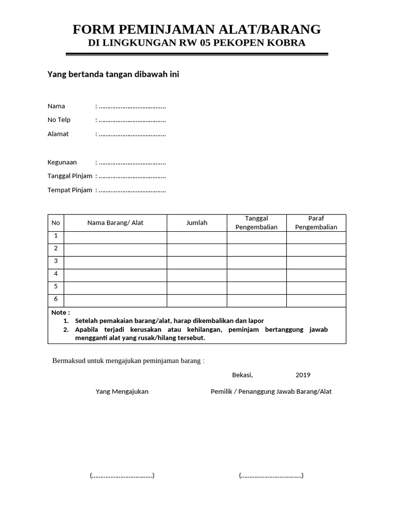 Form Peminjaman Alat | PDF