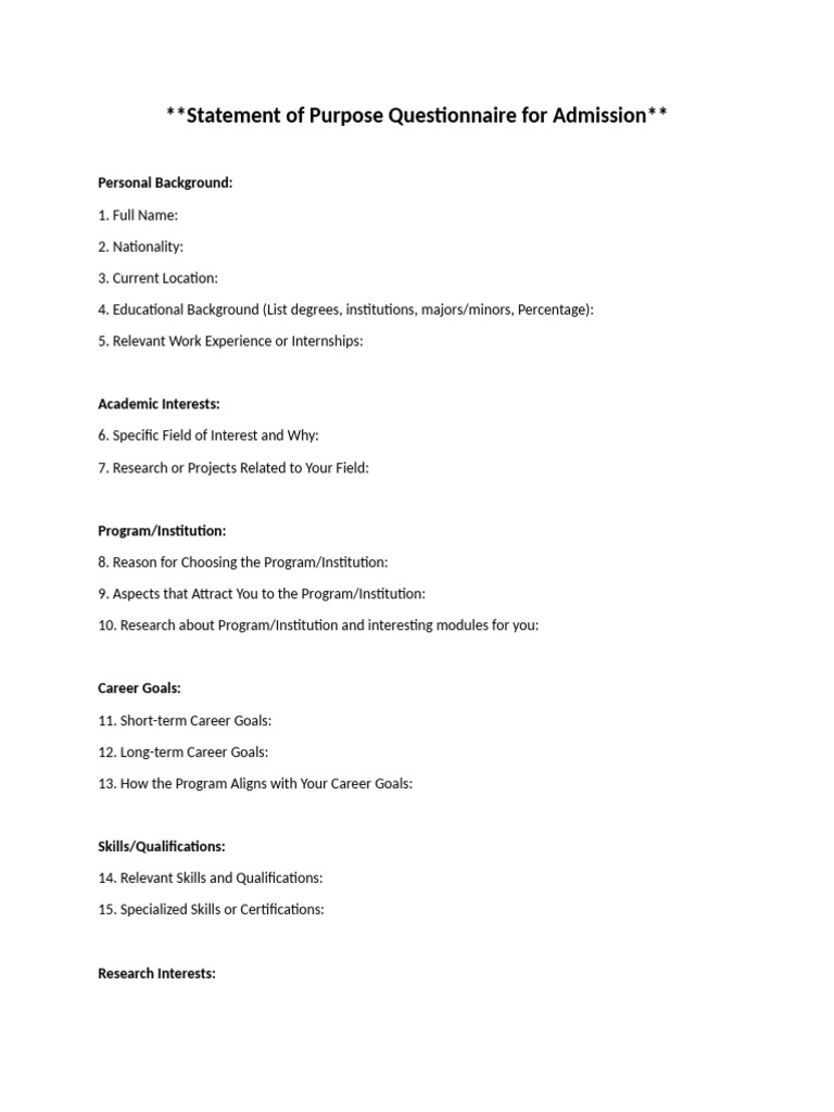Statement of Purpose Questionnaire For Admission | PDF | Business ...