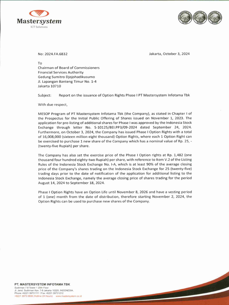 Report On The Issuance of Option Rights Phase I PT Mastersystem ...