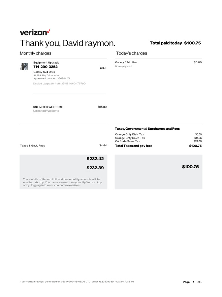 Purchase Receipt | PDF | Credit Card | Verizon Communications