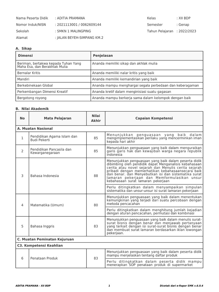 Rapor Aditia Pramana - Xii BDP | PDF