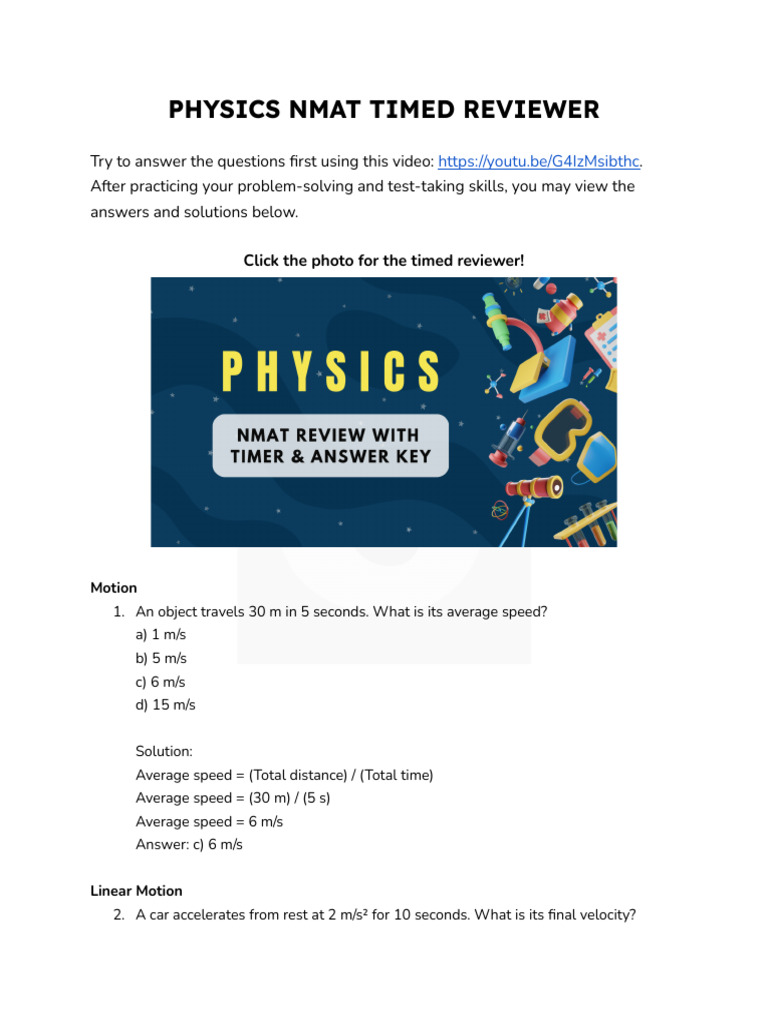 Physics Sample NMAT Timed Reviewer by NMAT Study Buddy | PDF | Heat ...
