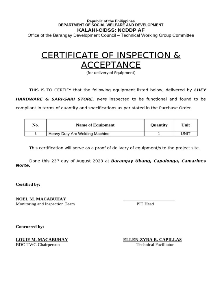 Cert of Inspection and Acceptance Equipment | PDF