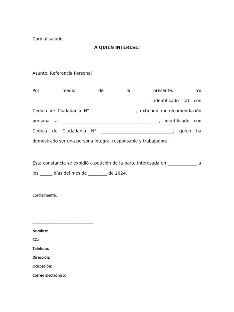 Modelo de Carta de Referencia Personal | PDF