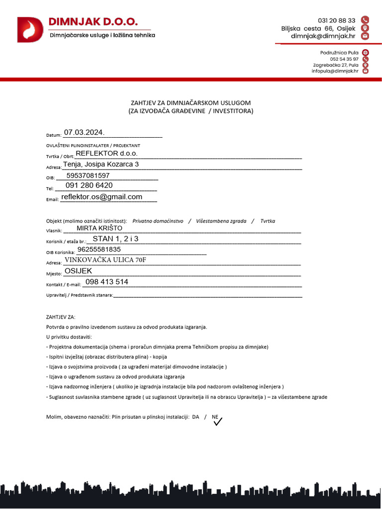 Zahtijev Za Dimnjačarskom Uslugom - Mirta Krišto | PDF