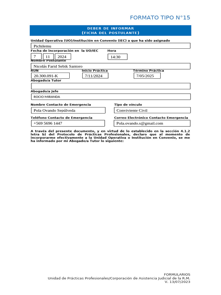 Formulario #15 - Deber de Informar CAJ (Ficha Del Postulante) | PDF | Gobierno | Justicia