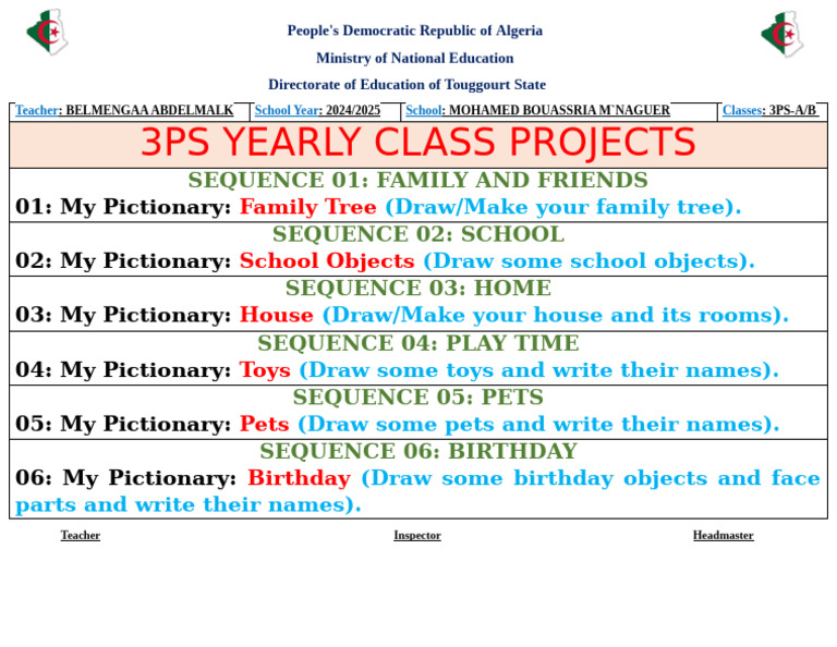 3ps Yearly Class Projects Teacher Belmengaa Abdelmalk | PDF