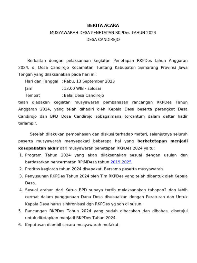 Berita Acara Rkpdes 2024 | PDF