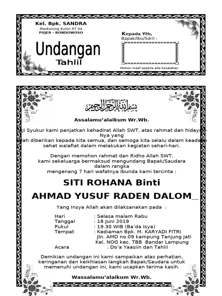 Undangan Yasinan 7 Hari Wafat Ibunda | PDF | Memasak, Makanan, & Anggur