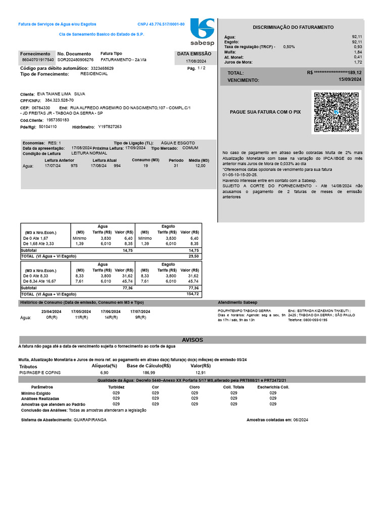 Sabesp Fatura Completa 86040701917540 9108184054922 642495 | PDF