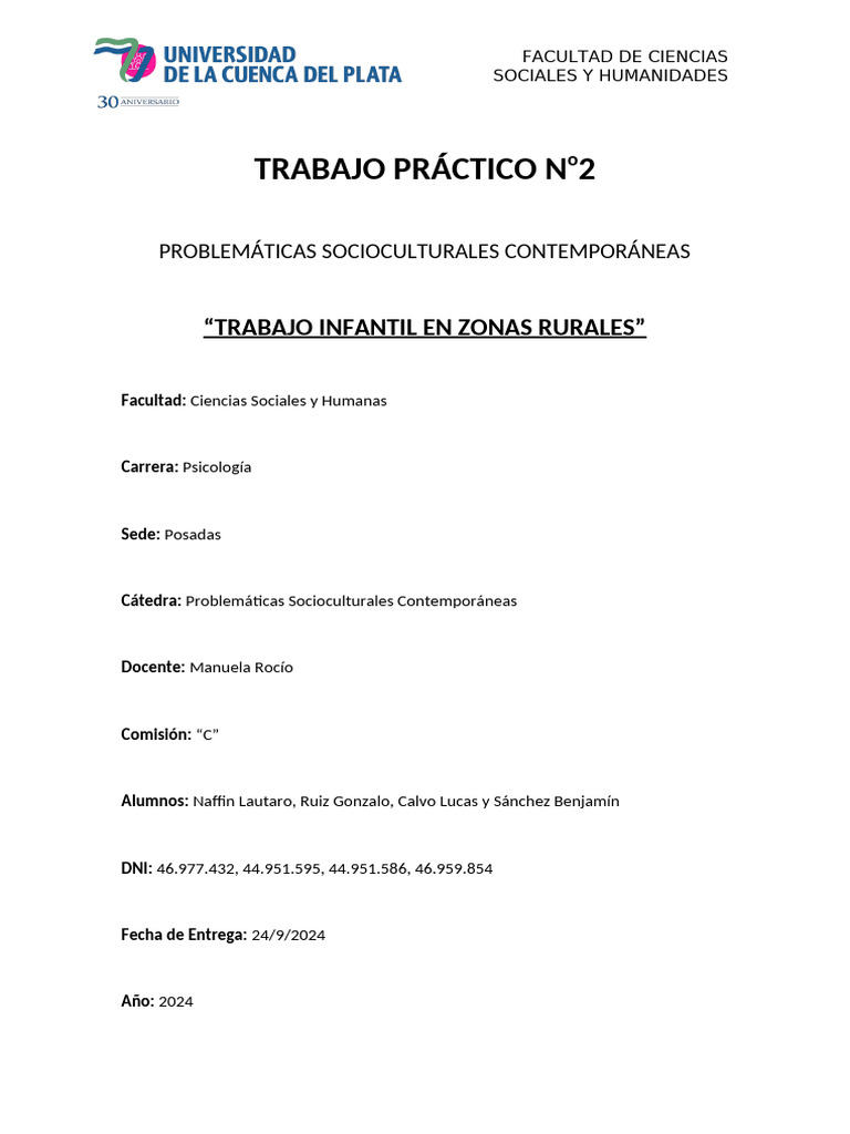 TP #2 PSCC Ruiz Gonzalo, Calvo Lucas, Naffin Lautaro, Sanchez Benjamin | PDF | Trabajo infantil ...