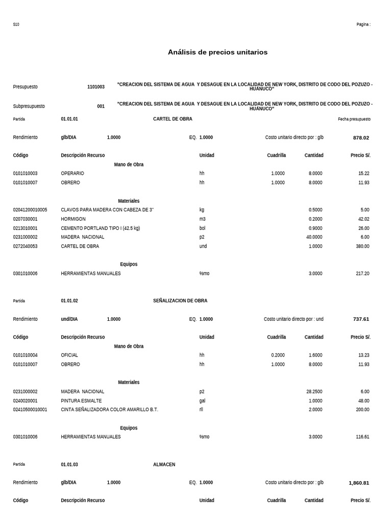 Análisis de Precios Unitarios: Página | PDF | Hormigón | Materiales