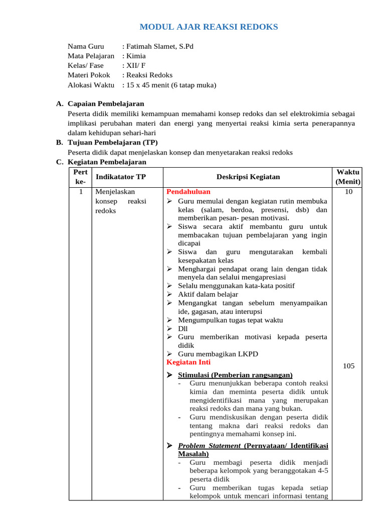 Modul Ajar Reaksi Redoks (Fatimah) | PDF