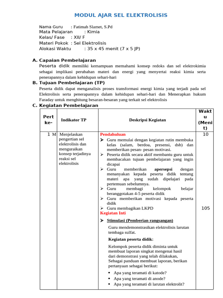 Modul Ajar Sel Elektrolisis (Fatimah) | PDF | Sains & Matematika