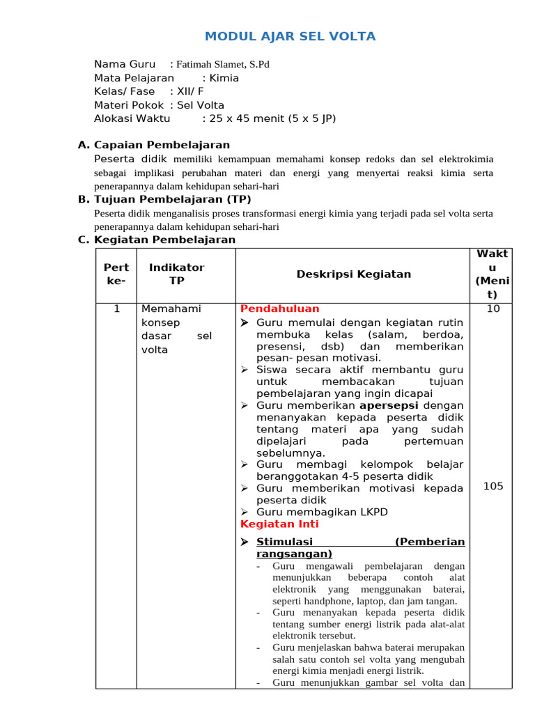 Modul Ajar Sel Volta (Fatimah) | PDF
