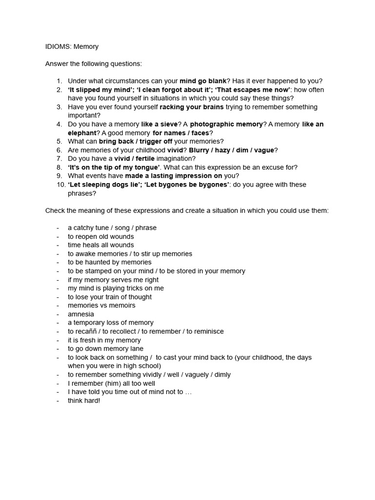 IDIOMS - Memory - Practical Work | PDF