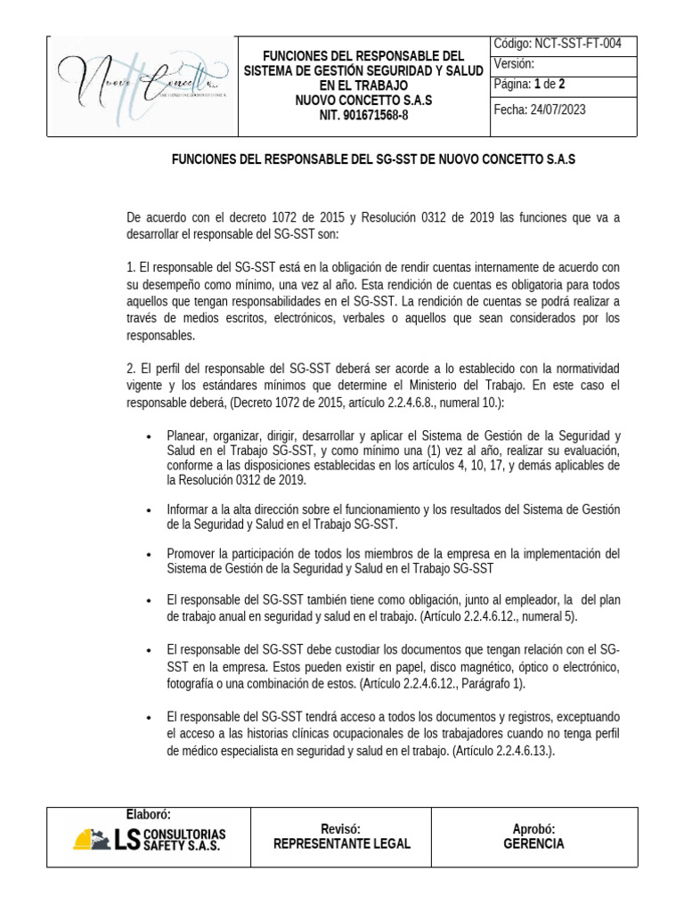 Código NCT-SST-FT-004 - Formato Funciones Del Responsable Del SG-SST 2022 | PDF | Tecnología e ...