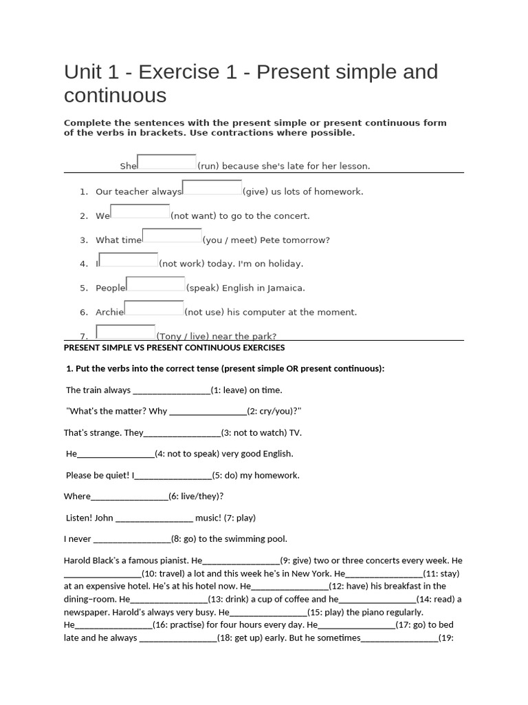 Present Simle and Continuous Exercises | PDF | Linguistics
