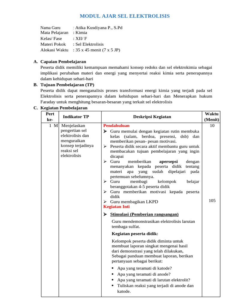 Modul Ajar Sel Elektrolisis | PDF
