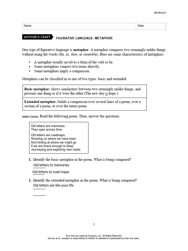 Savvas- Figurative Language Metaphor | PDF | Metaphor | Poetry