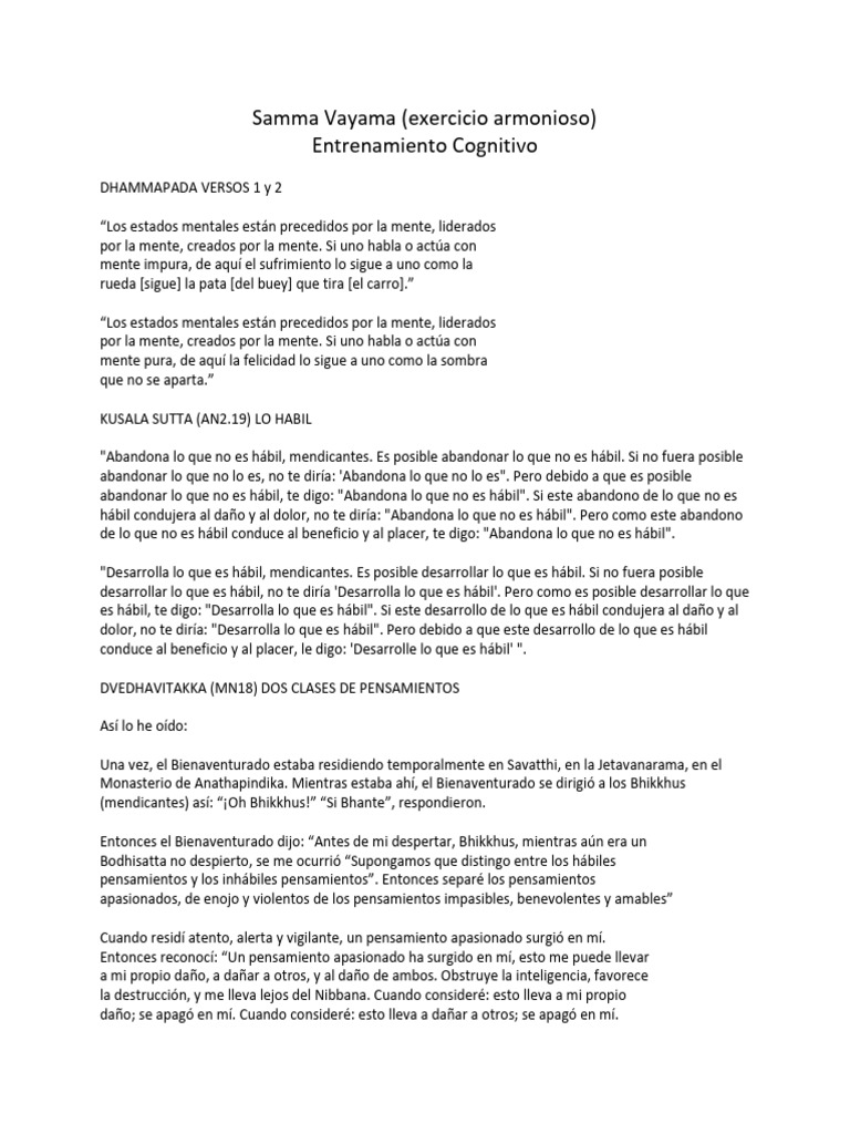 Samma Vayama Entrenamiento Cognitivo Citas de Los Suttas | PDF | Mente ...
