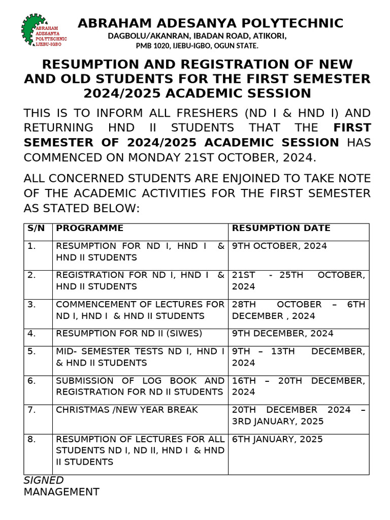 2024/2025 Academic Session Dates | PDF