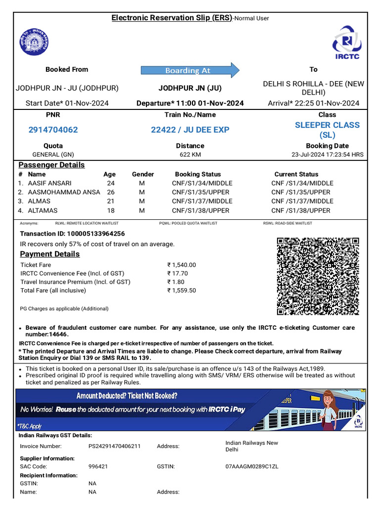 JU DEE EXP Sleeper Class (SL) : Electronic Reservation Slip (ERS) | PDF ...