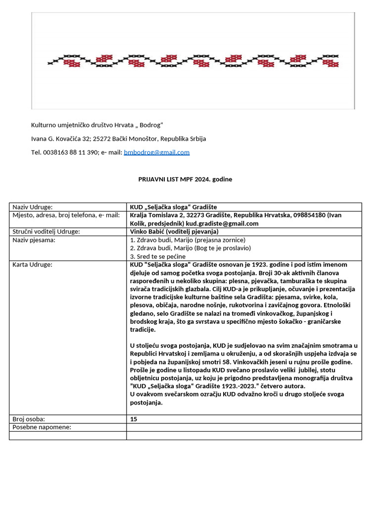 Prijavni List 2024 | PDF
