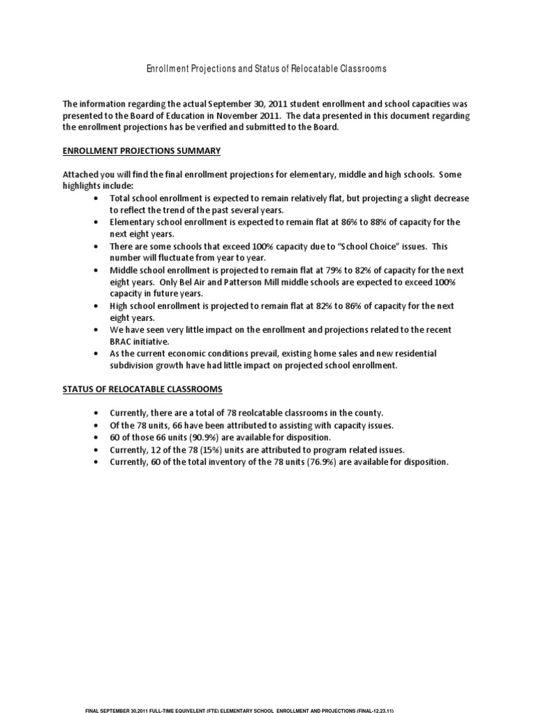 Enrollment Projections & Classroom Status | PDF | Schools | Further ...