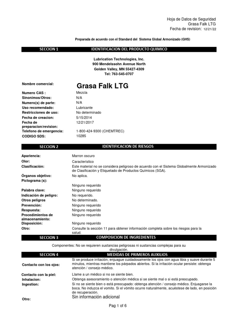 Hoja de Datos de Seguridad: Grasa Falk LTG | PDF | Incendios | Agua