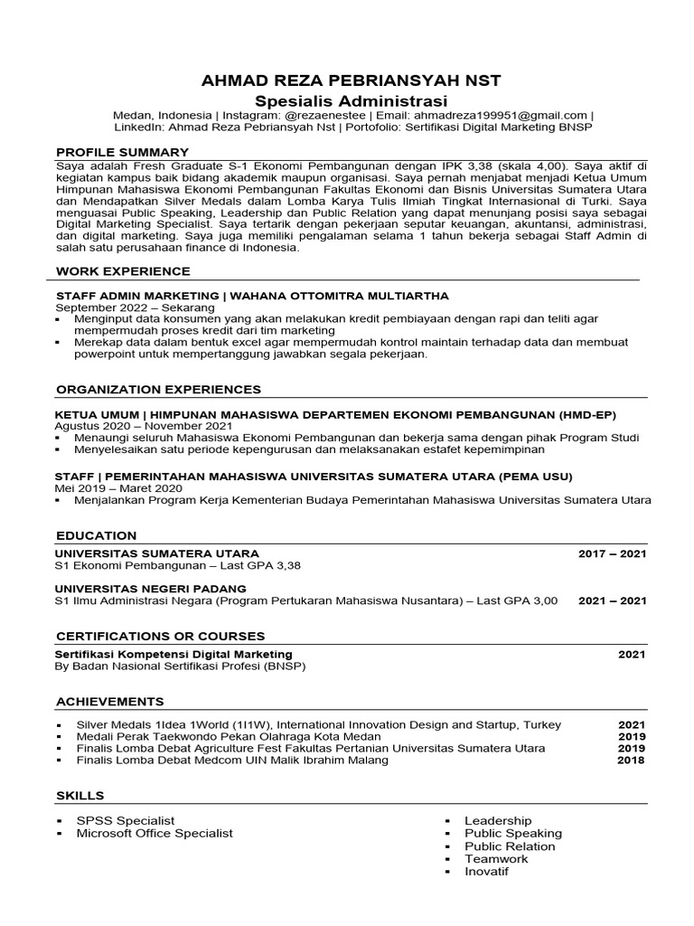 CV - Ahmad Reza Pebriansyah NST | PDF | Bisnis