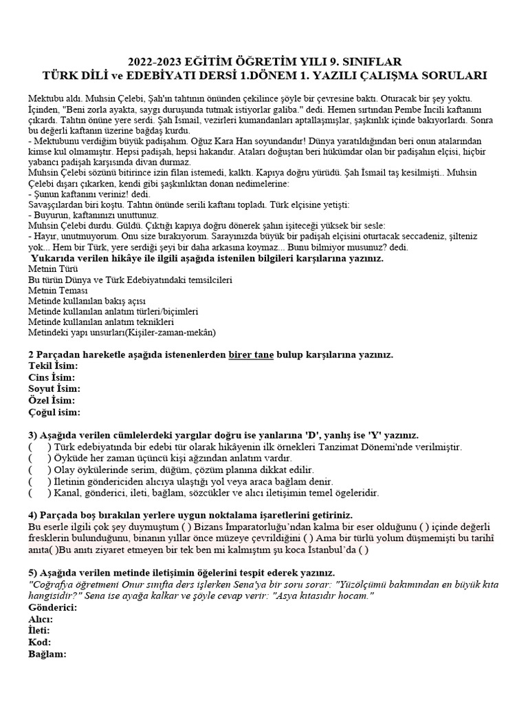 9 TDE 1.doynem 1.YAZILI CYALISYAM SORULARI | PDF