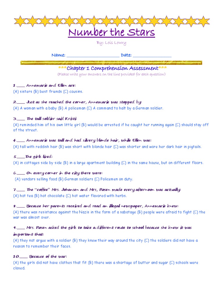 "Number the Stars Chapter 1 Quiz" | PDF