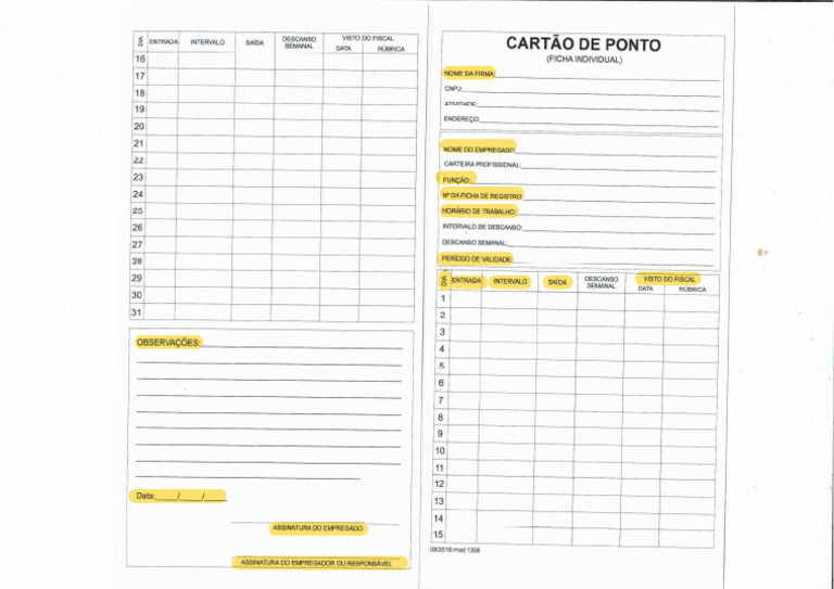 CARTÃO DE PONTO Modelo Preenchimento | PDF