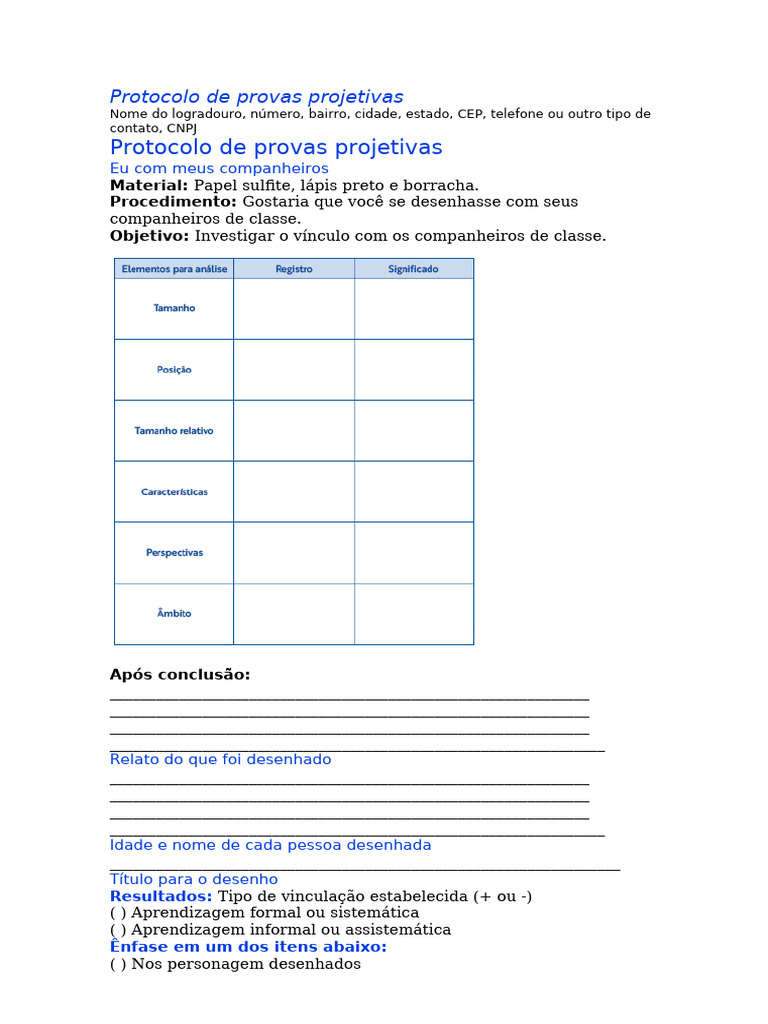 Protocolo de Provas Projetivas Educativas | PDF | Aprendizado