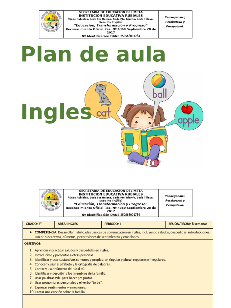 Plan de Aula Ingles 3° | PDF | Maestros | Comprensión lectora