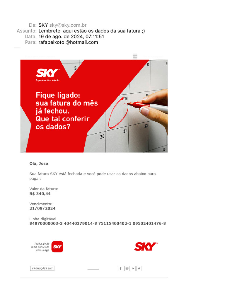 Fatura SKY: Pagamento e Vencimento | PDF