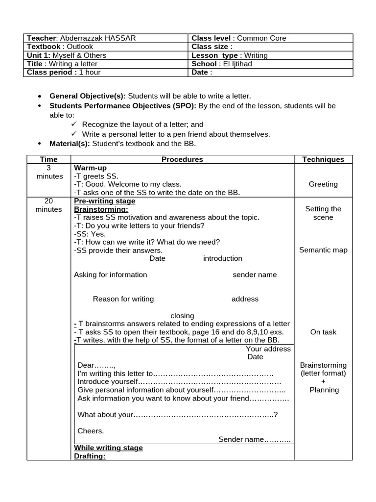 Unit 1 Writing Lesson Plan C.C | PDF | Learning | Human Communication