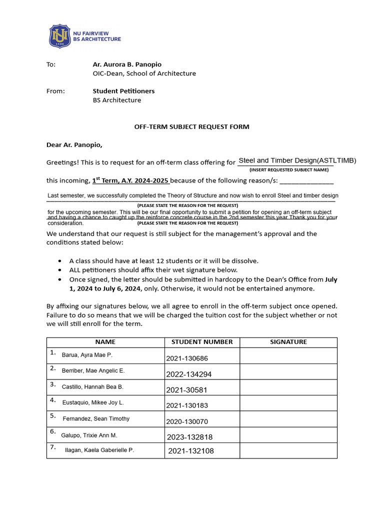Off-Term Subject Request for Architecture | PDF
