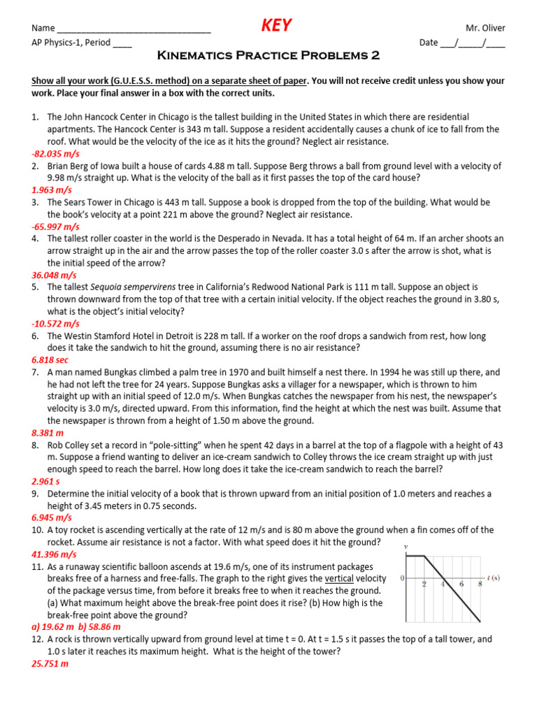 Kinematics Practice Problems 2 - Key | PDF
