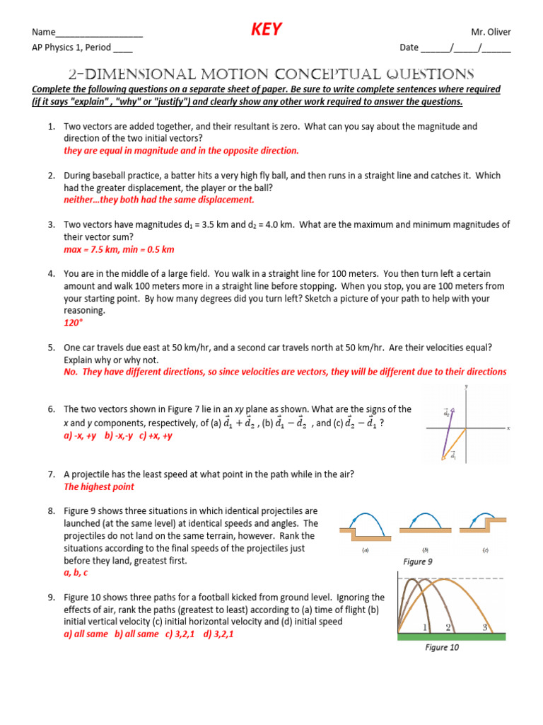 2-D Motion Conceptual Questions - KEY | PDF | Acceleration | Mechanics