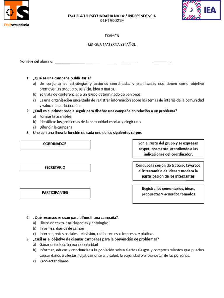 Español Exmen y Respuestas | PDF